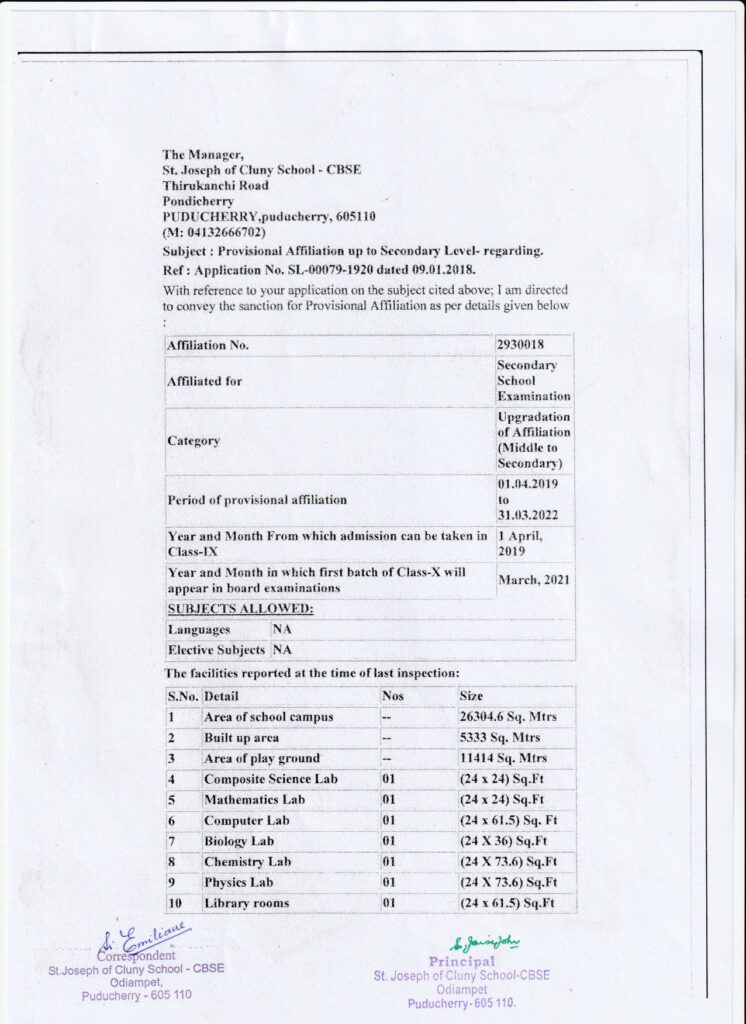 AFFILIATION LETTER – ST. JOSEPH OF CLUNY SCHOOL – CBSE